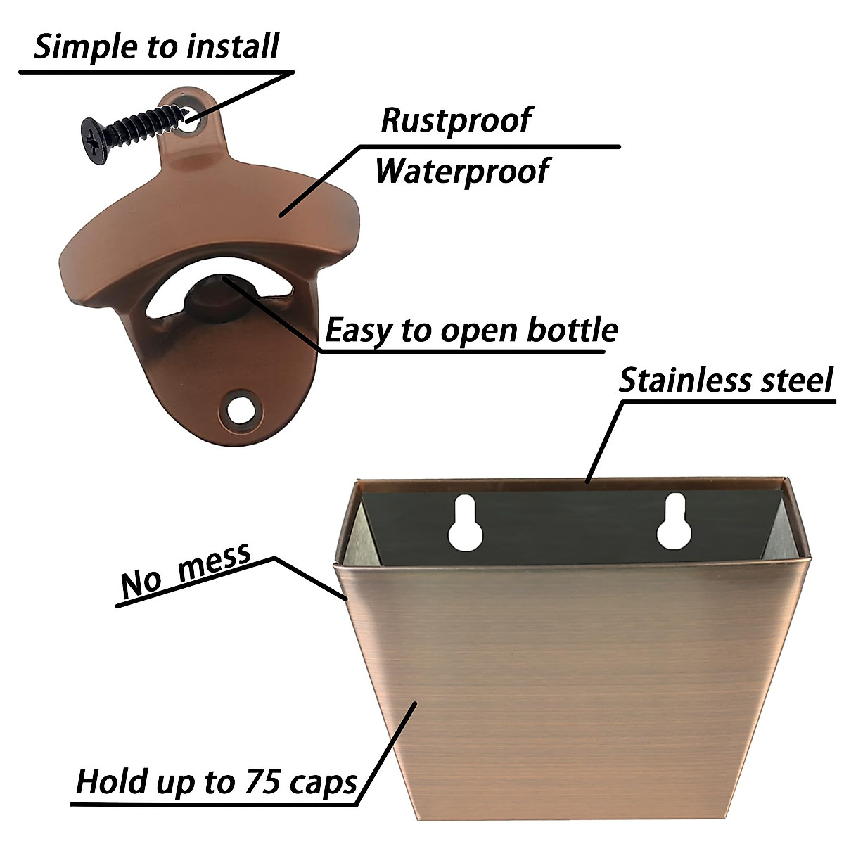 Luwanburg Stainless Beer Cap Opener Wall Mounted Bottle Opener with Cap Catcher Antique Copper