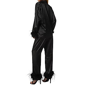 Womens Silk Satin Pajamas Loungewear Feather Decoration Two-piece Sleepwear Lapel Button-Down Pj Set (Black , L )
