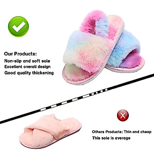 LightFun Fuzzy Fluffy Furry girls kids slippers cloud Fur Open Toe Slippers for kid House Home Indoor Outdoor(Colorful,1011)