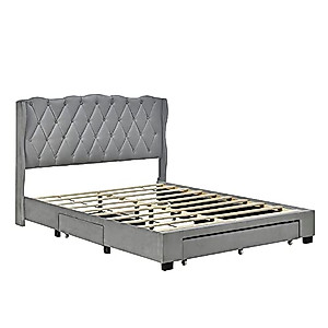 YUNLife&Home Queen Size Bed Frame with 3 Storage Drawers,Upholstered Storage Platform Bed Frame with Tufted Headboard/Wooden Slat Support/No Box Spring Needed for Bedroom Guest Room