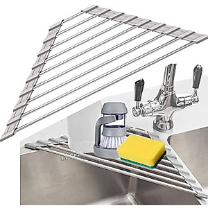 SHUYUE Triangle Dish Drying Rack for Sink Corner Roll Up Dish Drying Rack Folding Stainless Steel Multipurpose Over The Sink Corner Dish Drainer Mat for Kitchen (Grey)
