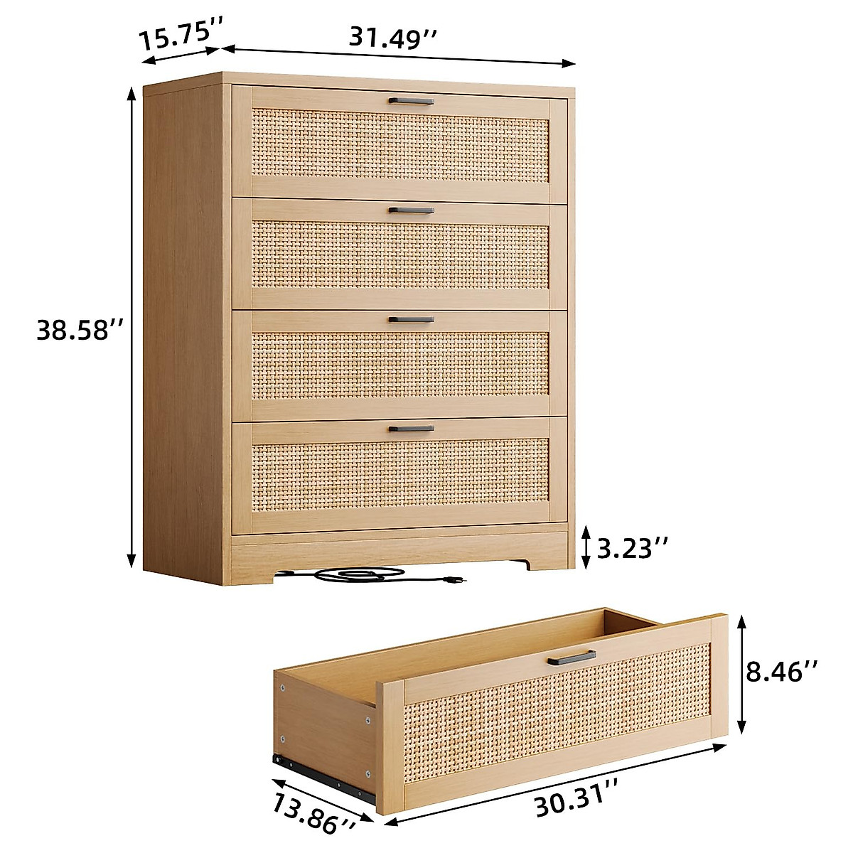 GarveeHome 4 Drawer Dresser Rattan Dresser, Tall Chest of Drawers, Wood Dresser for Bedroom, Closet, Living Room, Hallway