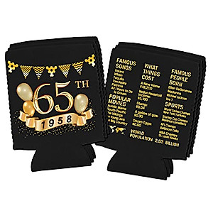 Yangmics 65th Birthday Can Cooler Sleeves Pack of 12-65th Anniversary Decorations- 1958 Sign - 65th Birthday Party Supplies - Black and Gold the sixty-fifth Birthday Cup Coolers