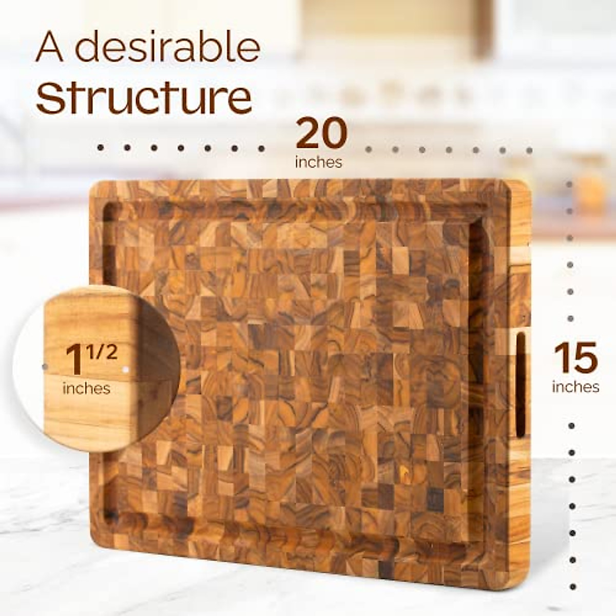 Yes4All Solid Teak Cutting Boards for Kitchen, [20''L x 15''W x 1.5” Thick] Large End Grain Butcher Block Cutting Board, Food Safe Surface Wood Cutting Boards with Juice Grooves and Easy Grip Handle