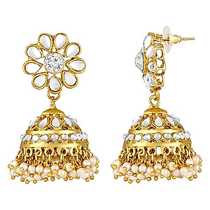 Aheli Elegant Indian Traditional Wedding Wear Kundan Pearl Encrusted Choker Necklace Set with Jhumki Earrings Ethnic Bollywood Party for Women (White)