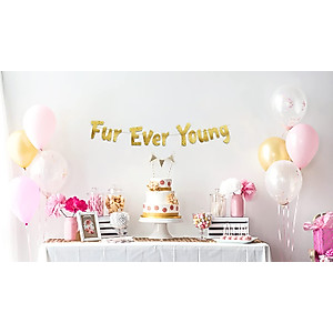 Furever Young Gold Glitter Banner – Dog Birthday Banner – Cat Birthday Decorations – Funny Puppy and Kitten Birthday Party Supplies and Gifts
