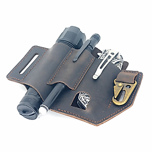 COLEAT Genuine Leather Multitool Sheath for Belt, Leather Man Sheath for Men, Leather EDC Pocket Organizer with Pen Holder, Flashlight Sheath, Keychain Clip, Knives Sheath Holster Dark Brown