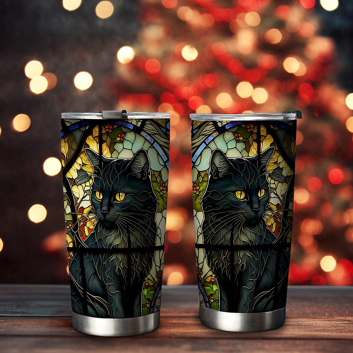 20oz Stained Glass Black Cat Tumbler, Gifts for Cat Lovers, Coffee Thermos for Women, Stainless Steel Double Wall Vacuum Insulated Coffee Mug, Travel Cup with Lid