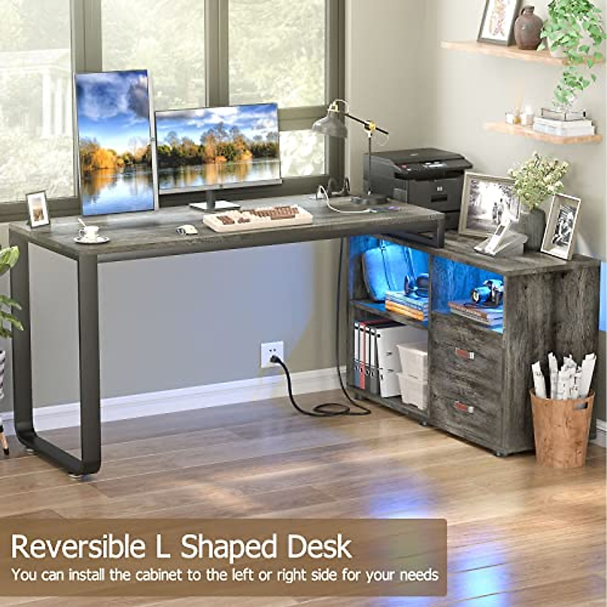 Homieasy L Shaped Desk with File Cabinet & Power Outlet, Reversible 55 Inch Large Corner Computer Desks with LED Strip, L-Shaped Computer Desk with Drawers and Storage Shelves for Home Office, Grey