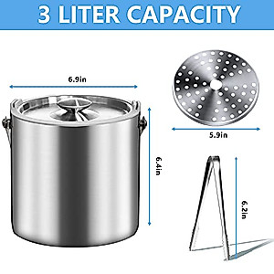 3 Quarts Ice Bucket with Silicone Lid, Ice Tongs and Strainer, Newly Upgraded Silicone Cover Keep Ice Frozen Longer - Ideal for Parties, Cocktail Bar, Chilling Wine, Champagne