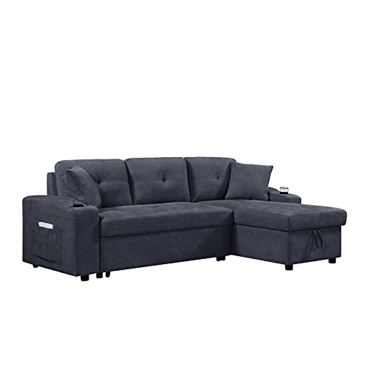 OPTOUGH Gray Sleeper Sectional Storage Chaise and Side Pocket, 2 Cupholders, L-Shape Couch with Pull-Out Sofa Bed for Home Living Room Apartment, Dark Grey