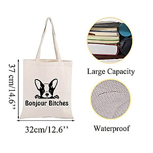 JNIAP French Bulldog Tote Bag French Bulldog Lover Gift Bonjour Bitches Shoulder Handbag French Bulldog Owner Grocery Bag (French Bulldog Tote Bag)