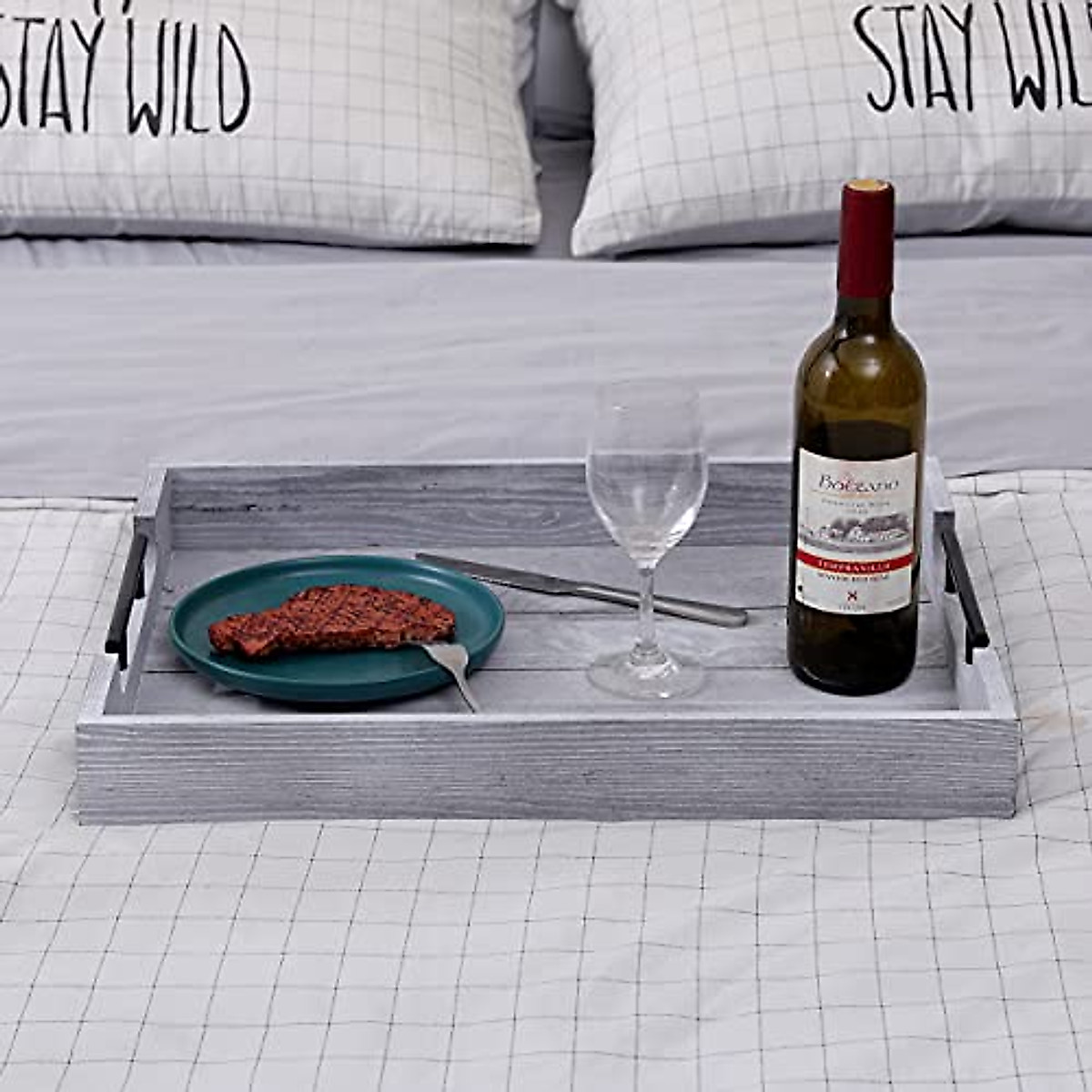 LONGNENG Wood Serving Tray Rectangle Gray Tray with Handles,Decorative Trays,Rustic Ottoman Tray for Living Room with Two Iron Handles