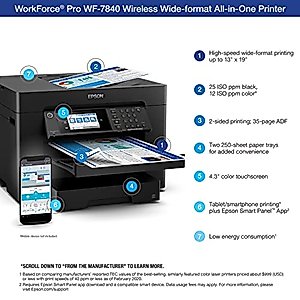 Epson Workforce Pro WF-7840 Wireless Wide-Format All-in-One Color Inkjet Printer, Black - Print Scan Copy Fax - 4.3" LCD, 25 ppm, 4800x2400 dpi, 13"x19", 50-Sheet ADF, Auto 2-Sided Printing, Ethernet