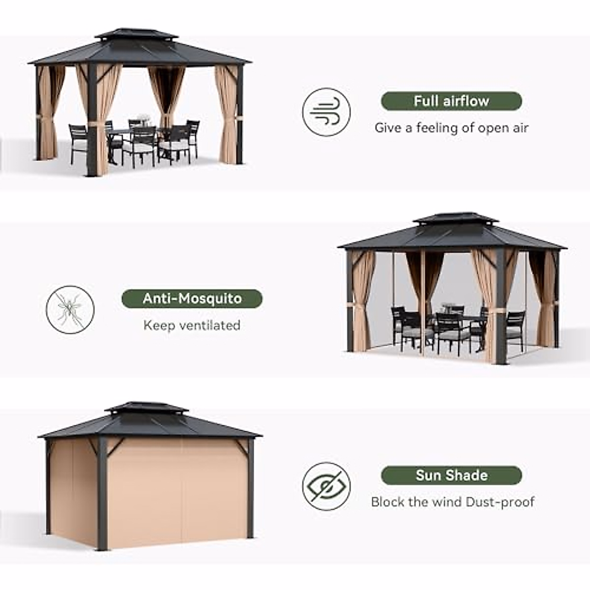 Aoxun 12' X 20' Hardtop Gazebo, Galvanized Steel Double Top, Aluminum Metal Gazebo with Curtains and Netting, Permanent Gazebo Pavilion for Wedding, Party, Outdoor Dining