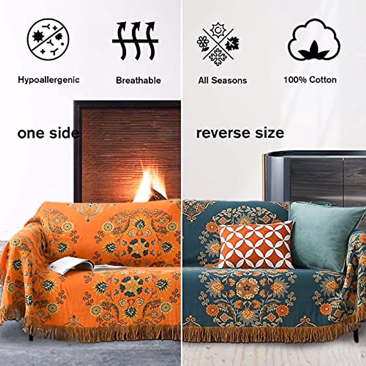 Bohemian Throw Blanket, MODUSKYE Orange Vintage Blankets 59x78 Inch Natural Cotton Mandala Full Blanket Quilt for Bed Couch, Reversible Cozy Soft