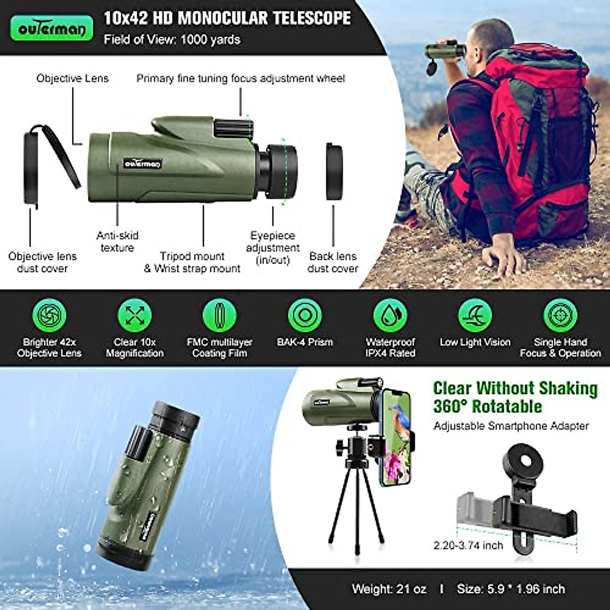 Outerman 10x42 HD Monocular Telescope with Smartphone Holder, Full Glass Optical Lens with FMC BAK4 Spotting Scope Monoculars for Adults Kids, Perfect for Bird Watching Hunting Hiking Travelling