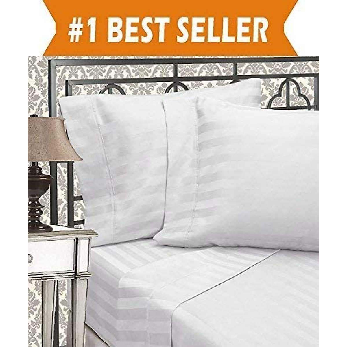 Cotton Home Depot Best, Softest, Coziest 4-Piece Sheet Sets! - 1500 Thread Count Egyptian Quality Luxurious Wrinkle Resistant 4-Piece Damask Stripe Bed Sheet Set,White , King