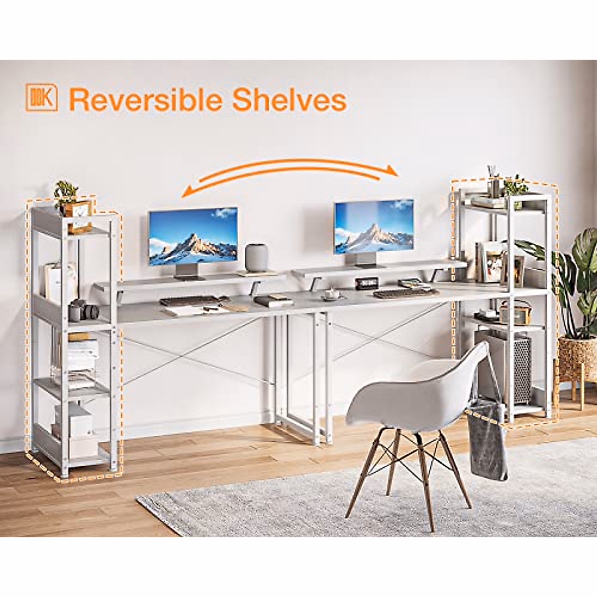 ODK Computer Desk with Storage Shelves and Monitor Stand, 55 Inch Writing Desk with Bookshelf, Reversible Study Table for Home Office, Small Space Bedroom, White