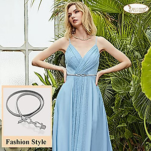 JASGOOD Skinny Metal Waist Belt for Dress Fashion Silver Waistband Elastic Metal Chain Belt, B-Silver, Fit Waist 35”-39”