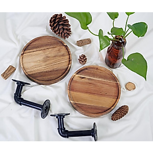 Round Circular Shelves Floating Acacia Wood (Set of 2) Diameter 7.1 inches. Wall Mounted Planter Shelves with Pipe Brackets. Chic Modern Rustic Industrial Pipe Décor for Display, Trophy, Ornaments
