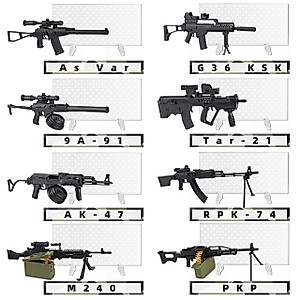 PROLOSO 8 Set Miniature Toy Machine Guns with Display Board SMG Rifles Toys for Boys Kids Building Toys