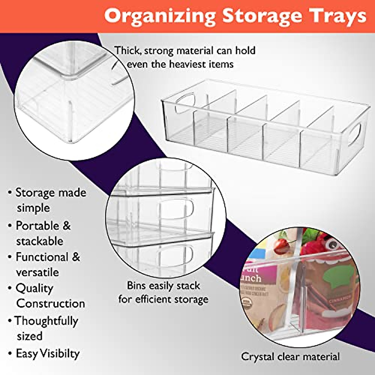 ClearSpace Plastic Pantry Organization and Storage Bins with Removable Dividers – XL Perfect Kitchen Organization or Kitchen Storage – Refrigerator Organizer Bins, Cabinet Organizers, 2 Pack