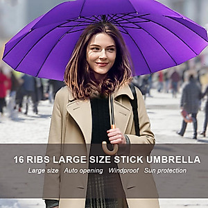 MRTLLOA 52 Inch Windproof Large Umbrellas for Rain, 16 Ribs, J Wooden Handle, 210T High-density Fabric Golf Stick Umbrella(52 Inch, Purple)