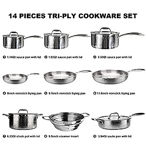 imarku Stainless Steel Pots and Pans Set, 14-Piece Tri-Ply Hammered Stainless Steel Cookware Set, Professional Induction Kitchen Cookware Sets, Oven Dishwasher Safe, Non Toxic PFAS Free, Silver