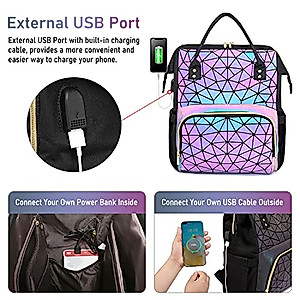 LOVEVOOK Geometric Luminous Laptop Backpack for Women, Holographic Reflective Laptop Bag with USB port, Fashion Purses Travel Bags Vintage Daypacks for Casual, College, Work