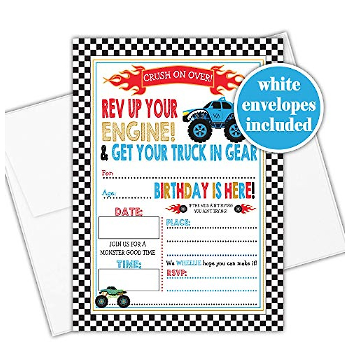 Monster Truck Birthday Party Invitations - Set of 20 with envelopes