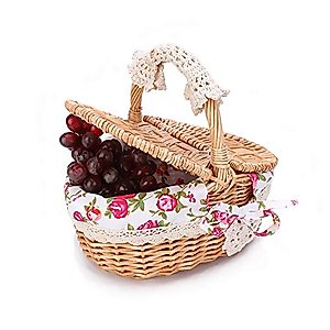 Wicker Picnic Baskets with Handle and Lid, Double Lids Wicker Picnic Basket for Picnic Hiking Camping Family Gatherings Home Decor