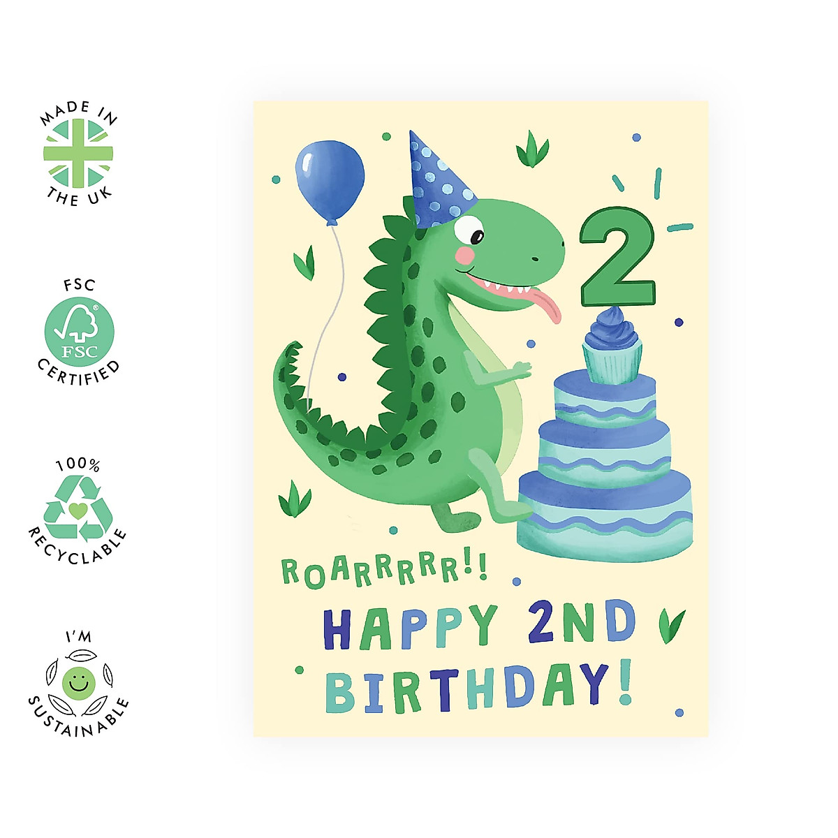 CENTRAL 23 Happy 2nd Birthday Card for Boys - Age Two - Dinosaur Birthday Card For Son Nephew - Second Bday Gifts For Him - Comes With Fun Stickers - Made In UK