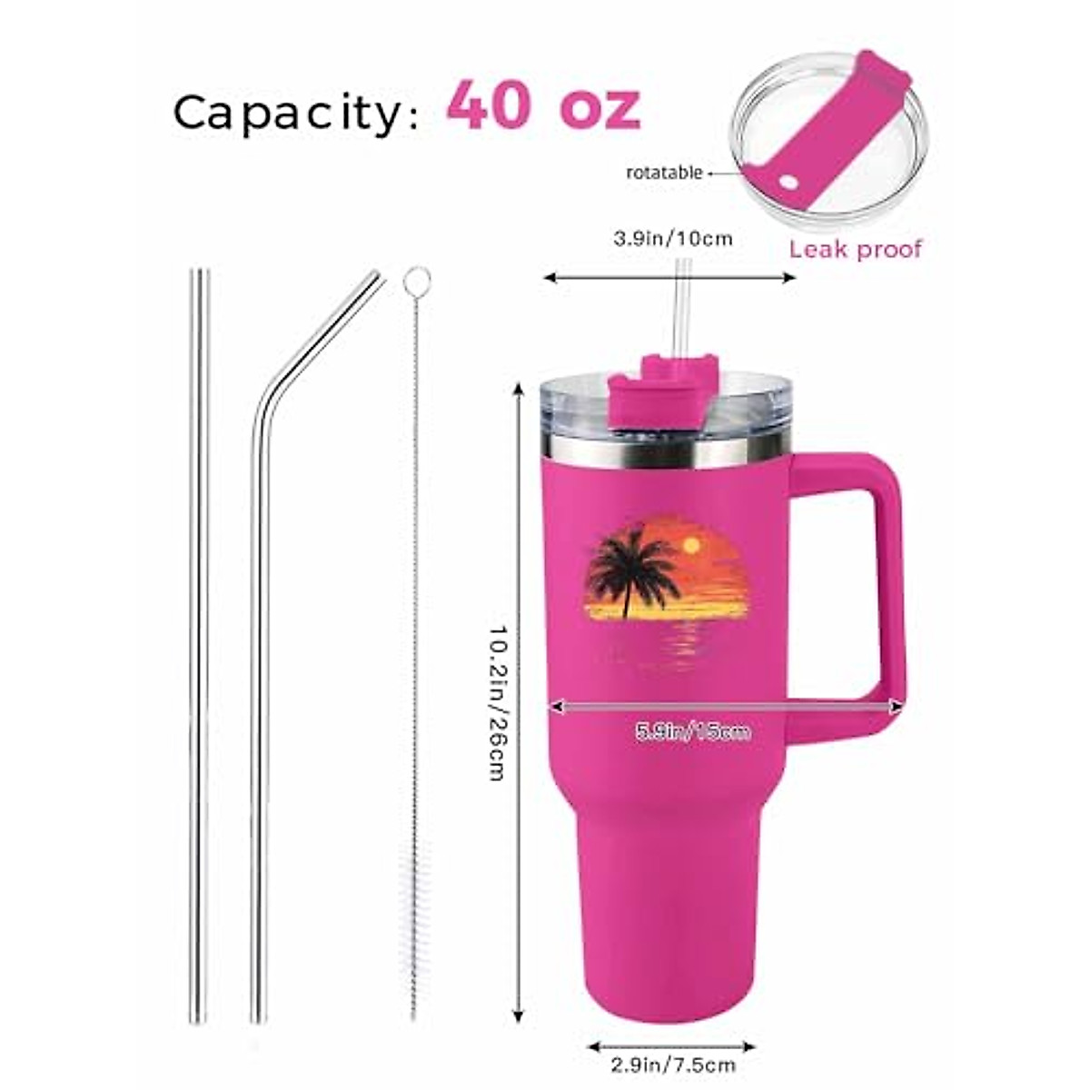40 ounce insulated cup with handle, double-layer vacuum stainless steel material, equipped with straw, can keep warm or maintain cold drinks Dusk Sunset Palm Trees Sunset Bright pink