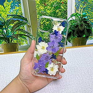 Abbery for iPhone 11 Flower case, Clear Soft TPU Flexible Rubber Pressed Dry Real Flowers Case Blue White Flower Case for iPhone 11 (Navy Flower)