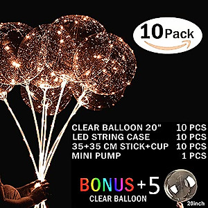 10 Pack LED Bobo Balloons with Stick and Pump,Transparent LED Light Up Balloons, Helium Glow Bubble Balloons with String Lights for Party Birthday Wedding Festival Decorations (Warm white)