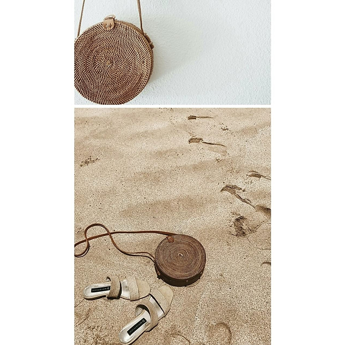 Daisy Lucky W Hand-woven round rattan bag PU leather shoulder strap Beach grass woven messenger women's bag Ladies Bohemian handbag Pure natural hand-made rattan woven wallet (Leather buckle)