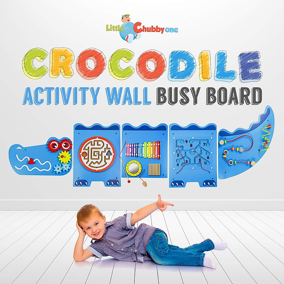LITTLE CHUBBY ONE Crocodile Activity Wall Busy Board Panels - Fun and Educational Toy for Kids - Easy to Install Wall Mounted Interactive Board Games and Mazes for Kids Encourages Development