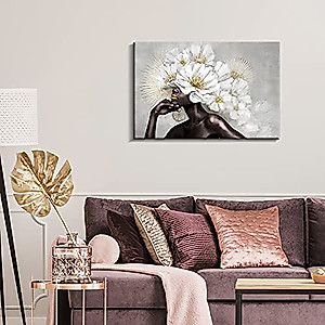 ARTINME Framed African American Black Art Women with Glod Flowers Wall Art Hand-Painted on Canvas Print Wall Picture for Home Accent Living Room Wall Deco 24"x36"