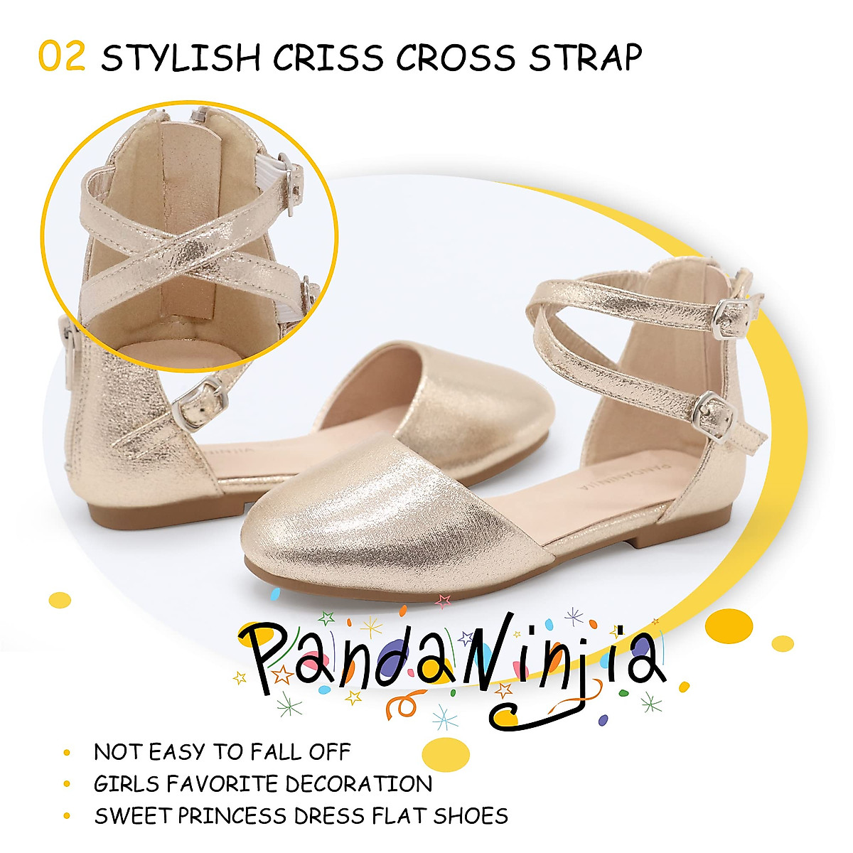 PANDANINJIA Girls Gold Dress Shoes Flats Wedding Party School Toddler Little Kids Ankle Strap Ballet Flats Sandals(Gold, 2 M US Little Kid)