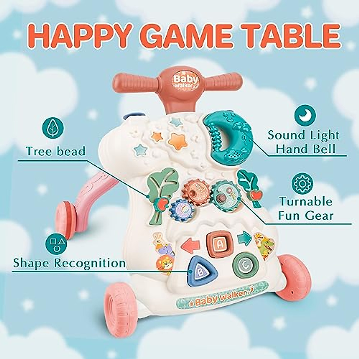 Alkinoos Baby Push Walker with Musical Play Table, Speed & Height Adjustable Learning Walker for Baby for 12 Month and Up - Pink Forest