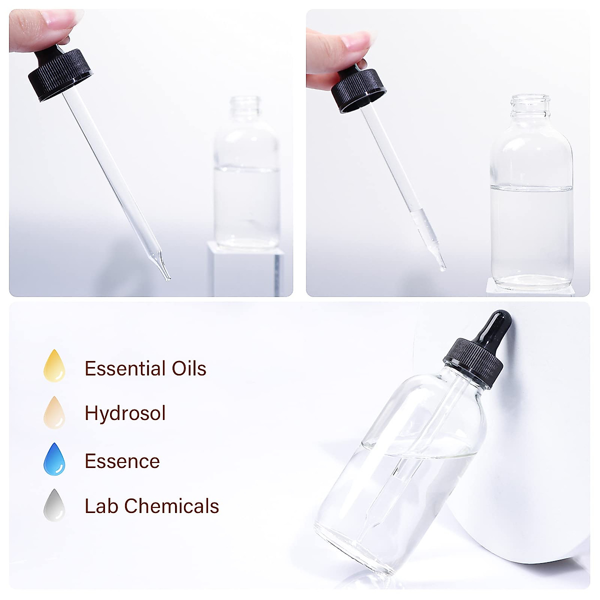 HWASHIN 24 Pack 4oz Clear Glass Bottles with Glass Eye Droppers for Essential Oils, Perfumes & Lab Chemicals (2 Brushes, 2 Funnels, 2 Extra Droppers, 36 Pieces Labels & 30ml Measuring Cup Included)