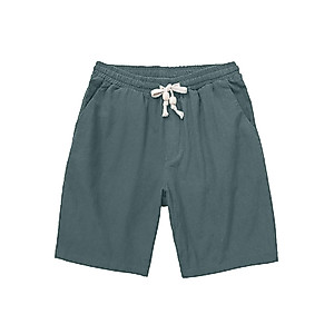 Male Summer Cotton Linen Shorts Drawstring Loose Breathable Track Trunks with Pockets Men's Classic Fit Beach Shorts Green