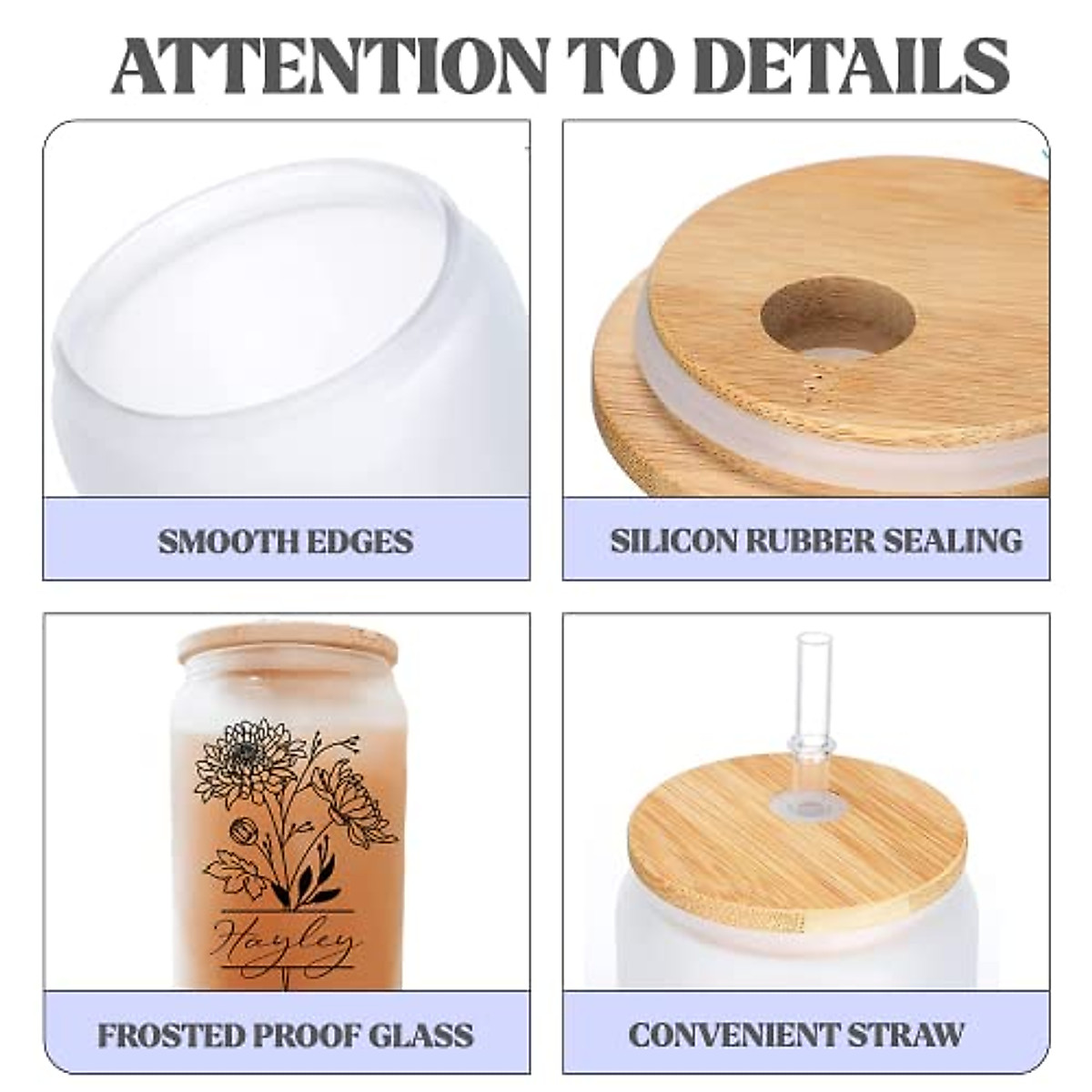 Taniri Personalized Bridesmaid Glass Tumbler Set with Straw - Flower & Name Customized Glass Tumbler - Bachelorette Party Tumblers - Bamboo Lid Iced Coffee Cup - Bridal Party Gifts