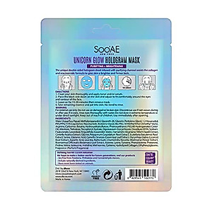 Soo'AE Unicorn Glow Hologram Mask [ 12 EA ] Clarify Brightening Hydrating Holographic Foil mask with Binchotan Activated Black charcoal Niacinamide Witch Hazel Detoxifying Soothing Mask