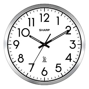 SHARP Atomic Analog Wall Clock - 12" Silver Brushed Finish Sets Automatically- Battery Operated Easy to Read Use: Simple, Style fits Any Decor