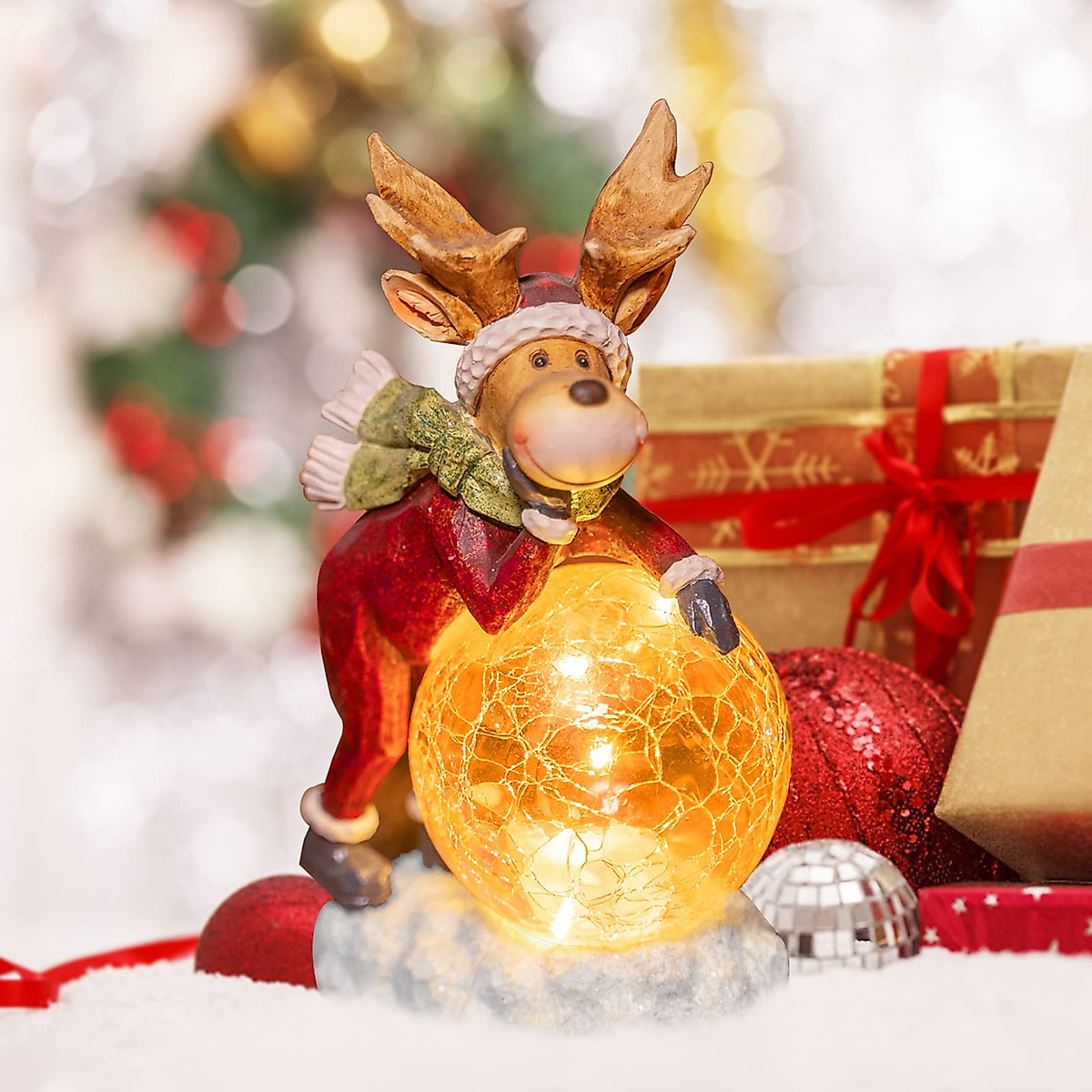 Christmas Reindeer Figurine Lights - Light up Reindeer Christmas Decor Sculpture Carrying Magic Orb, Waterproof Resin Elk Ornaments for Patio Balcony Lawn Porch Yard Garden Indoor