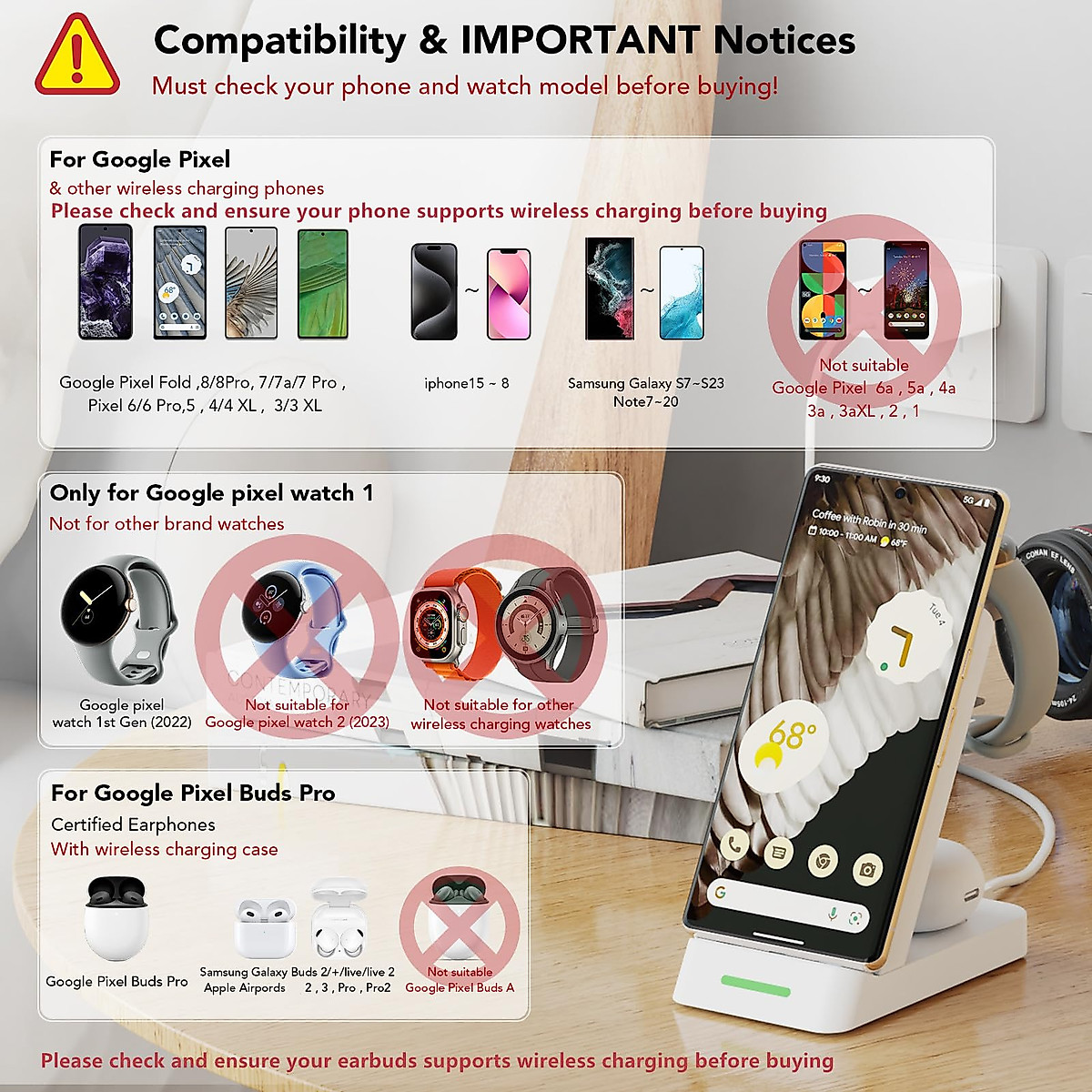 EloBeth Wireless Charging Station, 3 in 1 for Google Pixel Products, QC3.0 18W, Compatible with Pixel 8 Pro/8/7 Pro/7/Fold/6/6 Pro/5/4/3/XL, Watch, Buds Pro, iPhone/Airpods (not Watch 2)