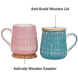 Taimei Teatime Coffee Mug with Lid Set of 2, 16.5 oz Ceramic Coffee Mugs with Handpainted Floral Pattern, Mugs Gift Set for Tea Lover, Woman and Couple, Microwave and Dishwasher Safe