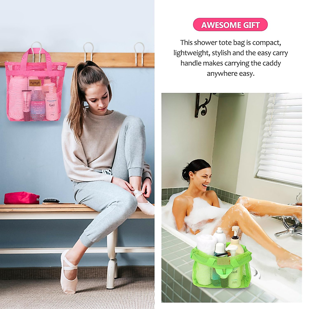 2 Pcs Shower Mesh Caddy Bag Quick Dry Hanging Toiletry and Bath Organizer for Travel and Swimming with Zipper (Roes-Green)